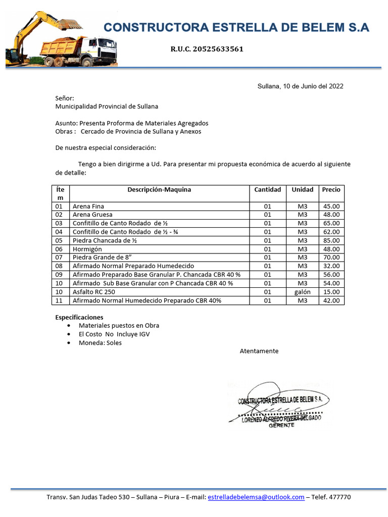 Proforma A Muni Sullana Maq. y Agregados | PDF | Materiales de construcción