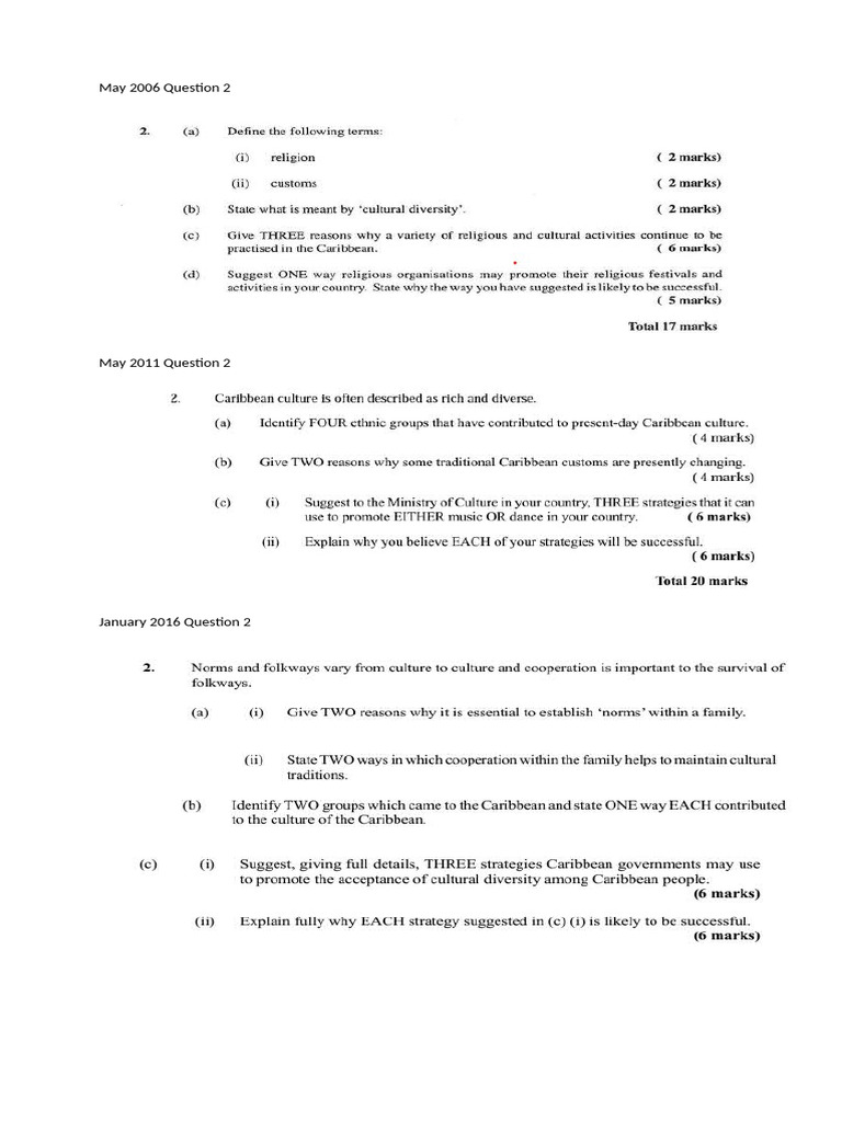 Cultural Diversity Worksheet Past Paper Questions | PDF