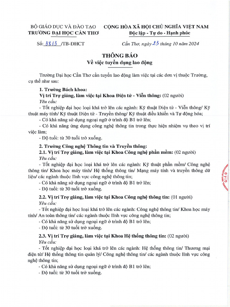 TB 3813 Tuyen Dung Lao Dong HCT 2024 | PDF
