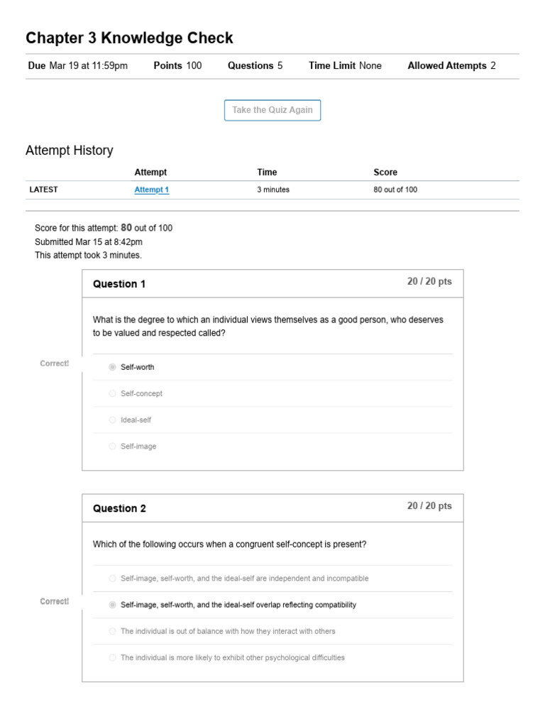 Chapter 3 Quiz: Self-Concept & Self-Esteem | PDF | Self Esteem | Self ...