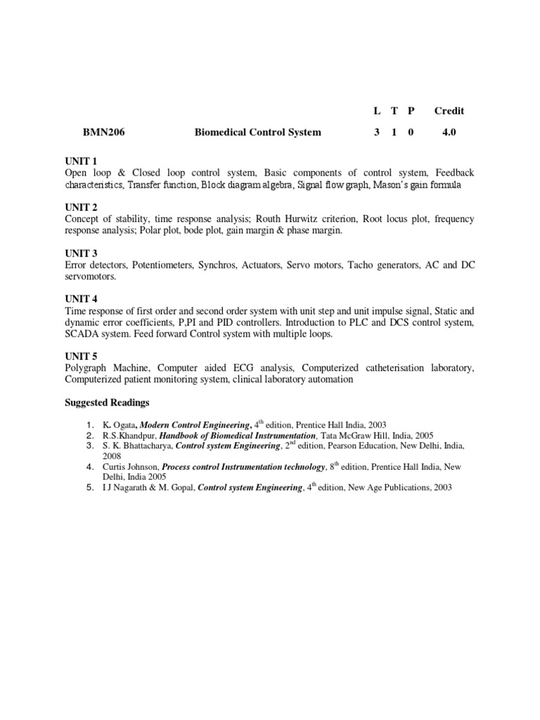 Biomedical Control Systems Overview | PDF