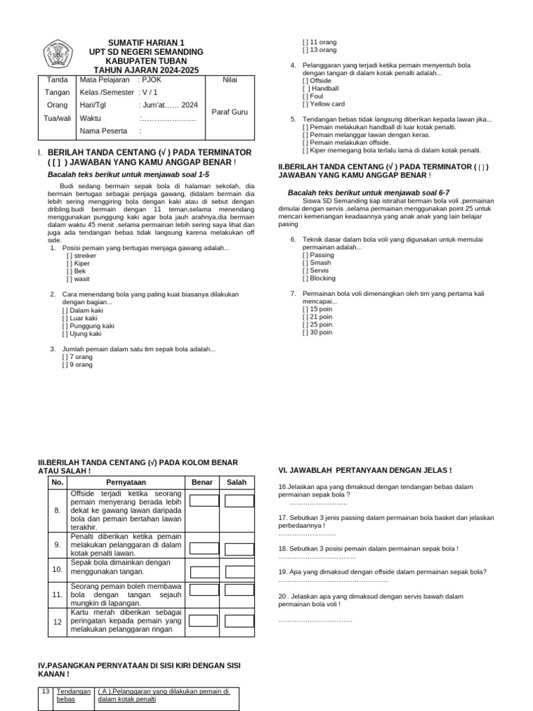 SOAL Sumatif H1, KUNCI, PENILAIAN Kls 5 | PDF