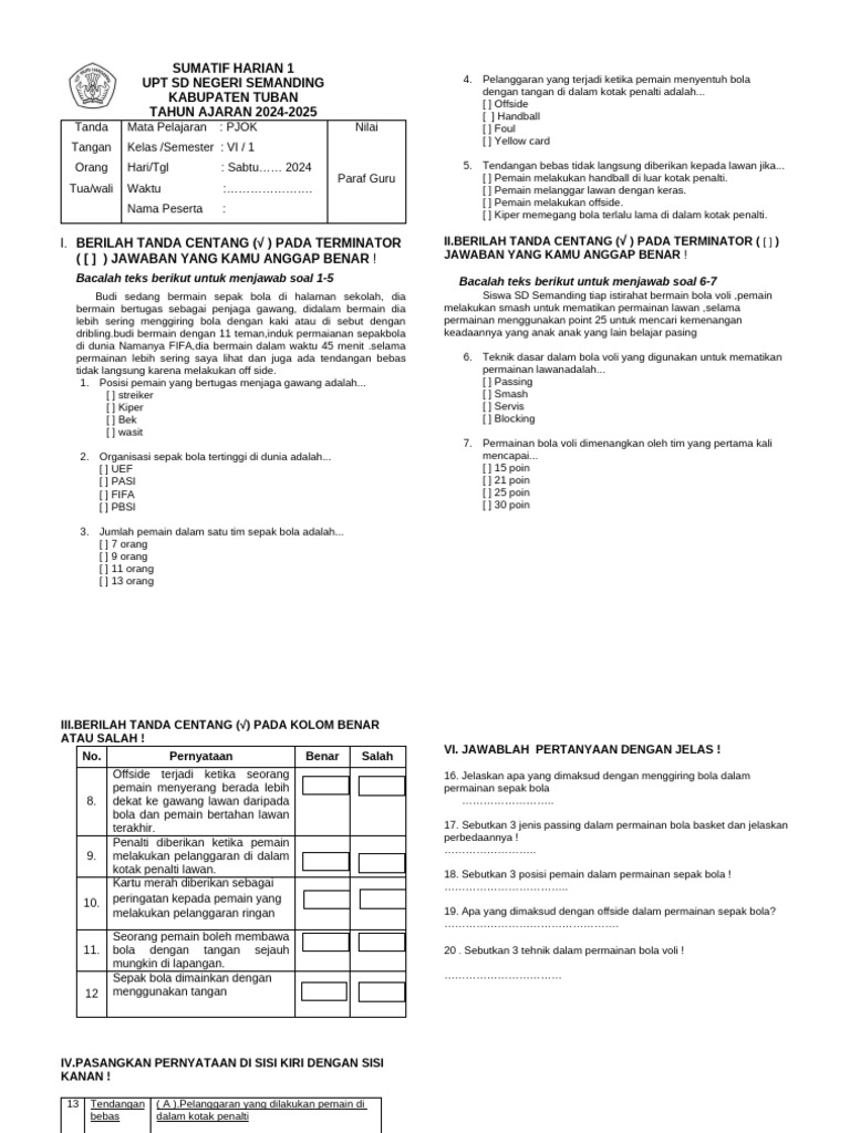 SOAL Sumatif H1, KUNCI, PENILAIAN Kls 6 | PDF