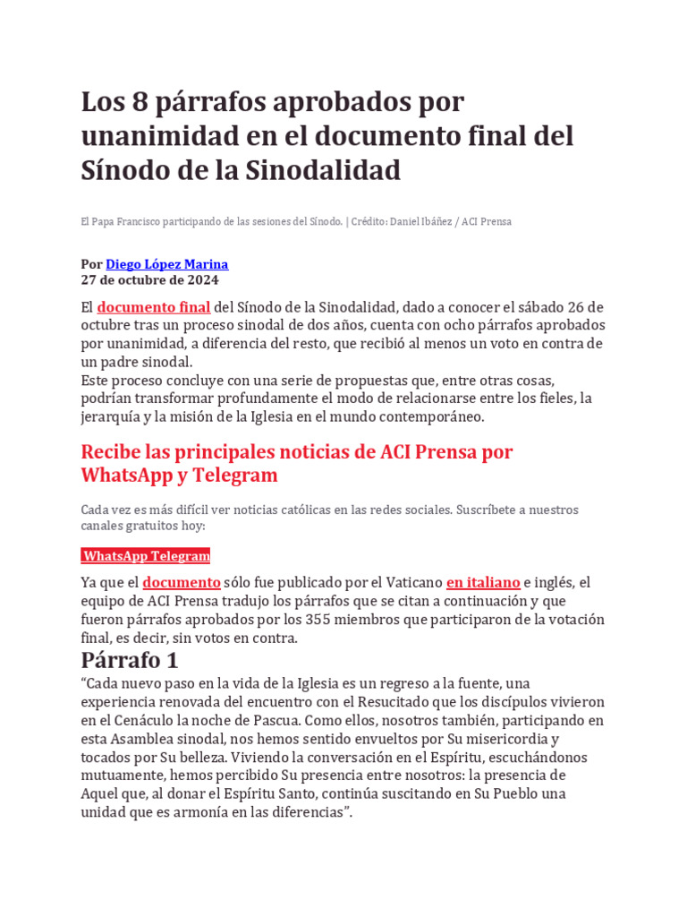 Los 8 Párrafos Aprobados Por Unanimidad en El Documento Final Del Sínodo de La Sinodalidad | PDF ...