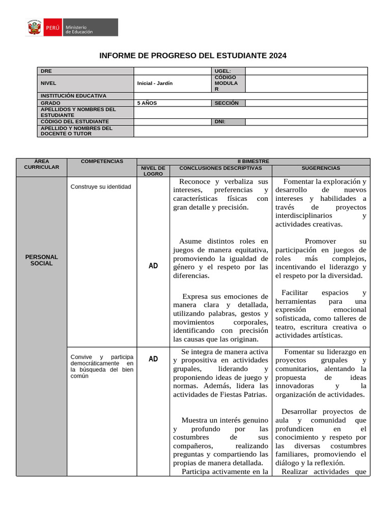 Informe Progreso Estudiante 2024 | PDF | Creatividad | Liderazgo