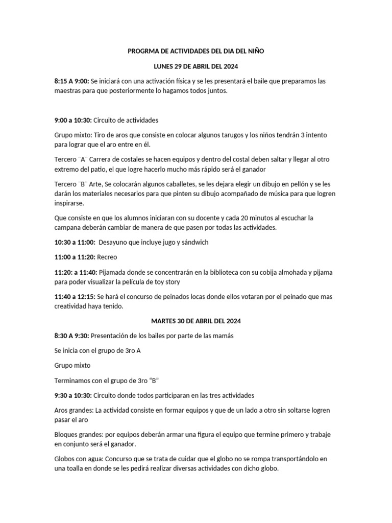 Actividades Día del Niño 2024 | PDF