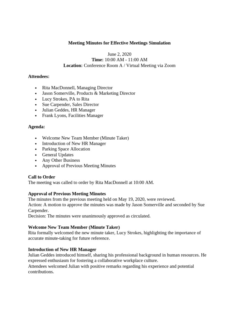 Meeting Minutes For Effective Meetings Simulation | PDF | Social Psychology