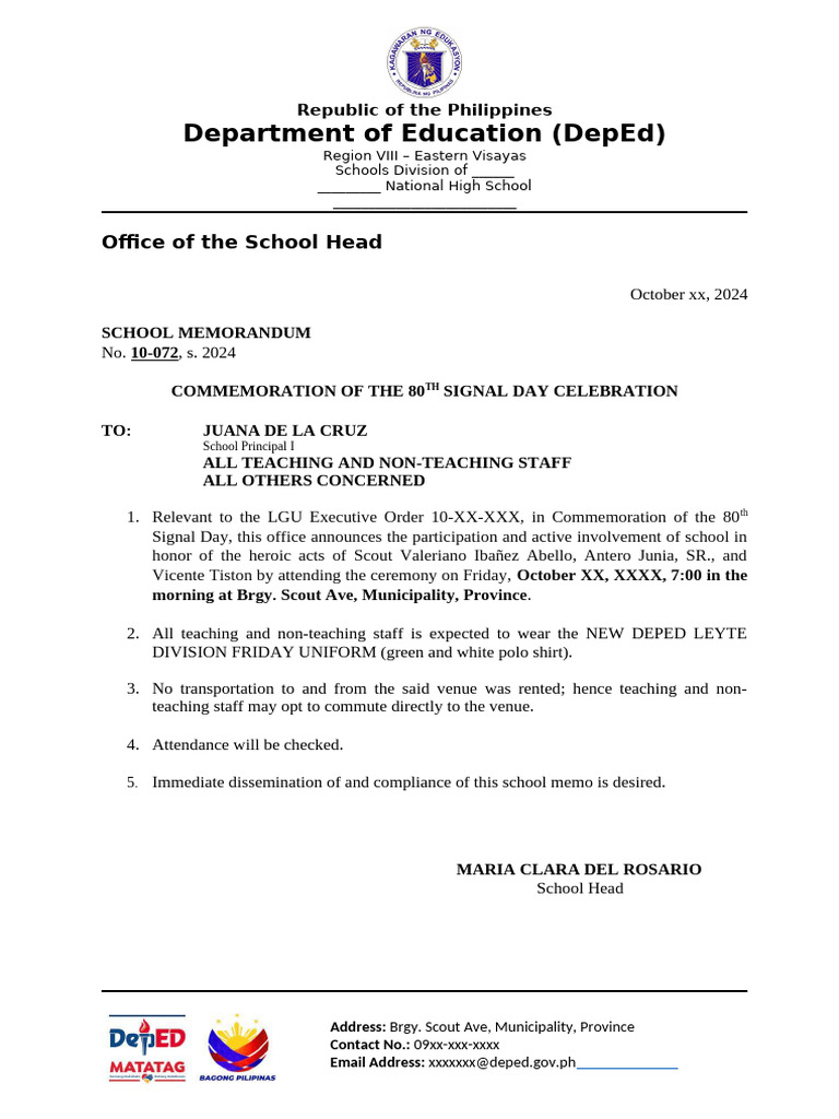 School Memo 10-072, S. 2024 - 80th Signal Day Celebration | PDF