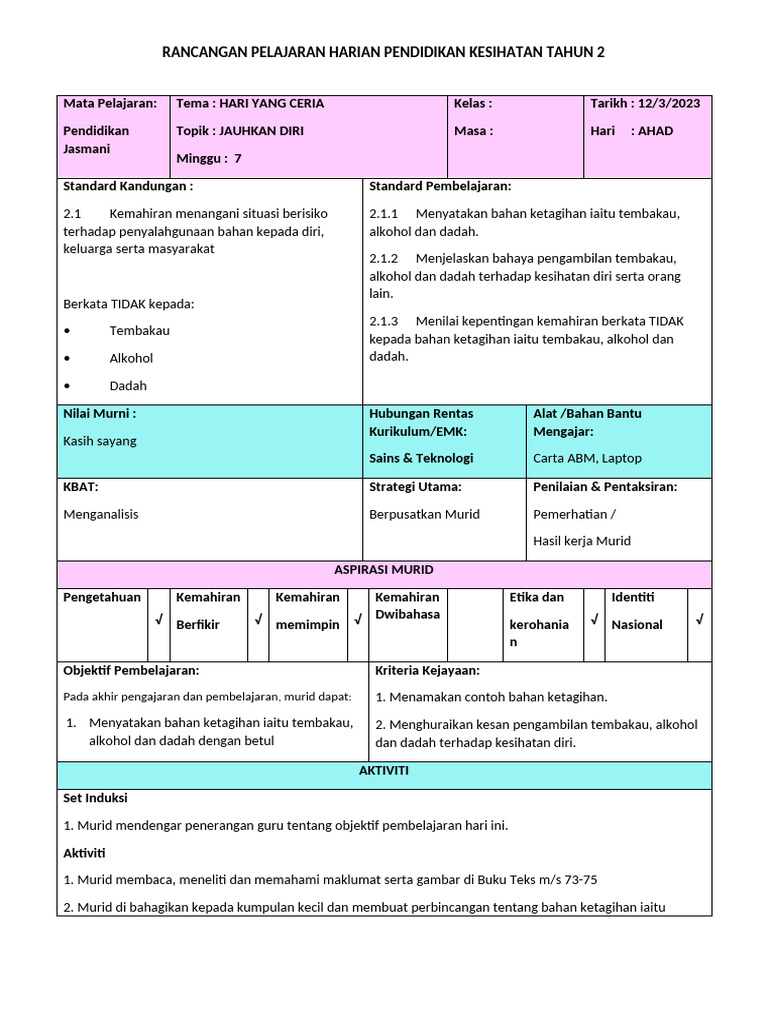 RPH PK TAHUN 2 2023 M7 at ARAS | PDF | Pengembangan Diri | Sains & Matematika