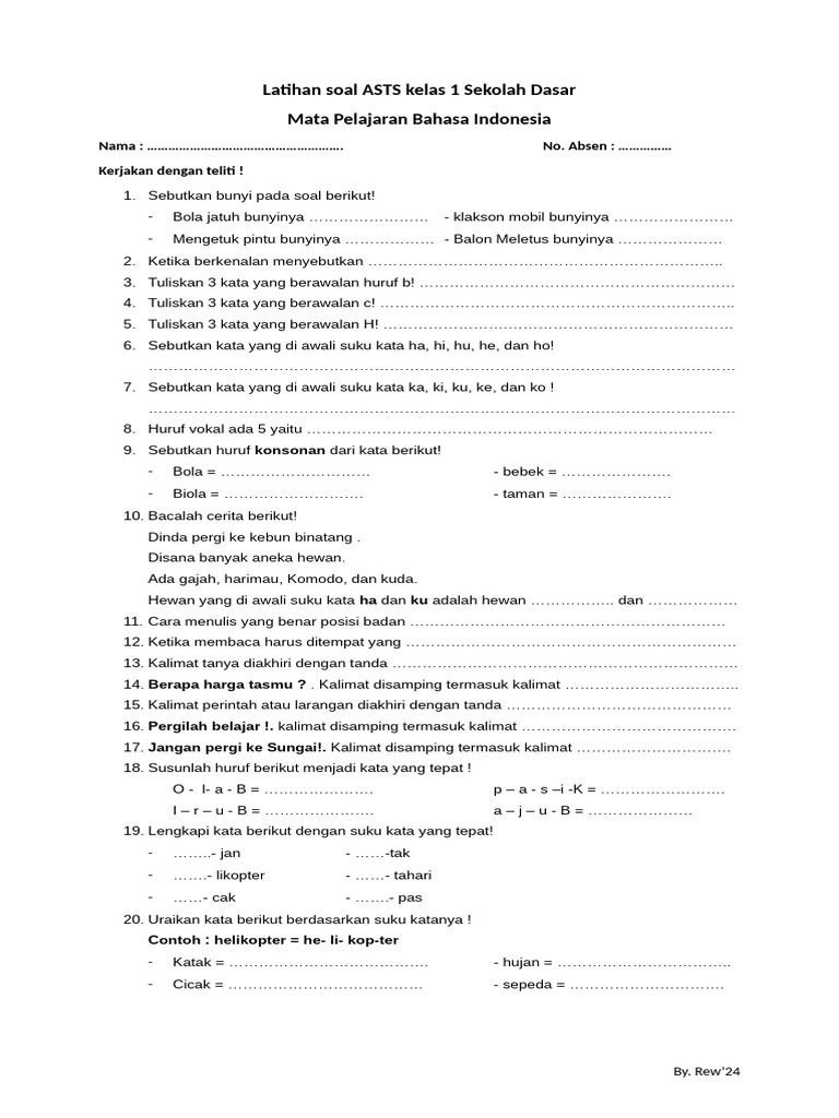 Latihan Soal ASTS Kelas 1 Sekolah Dasar BHS - Indonesia | PDF | Seni & Disiplin Bahasa | Kajian ...