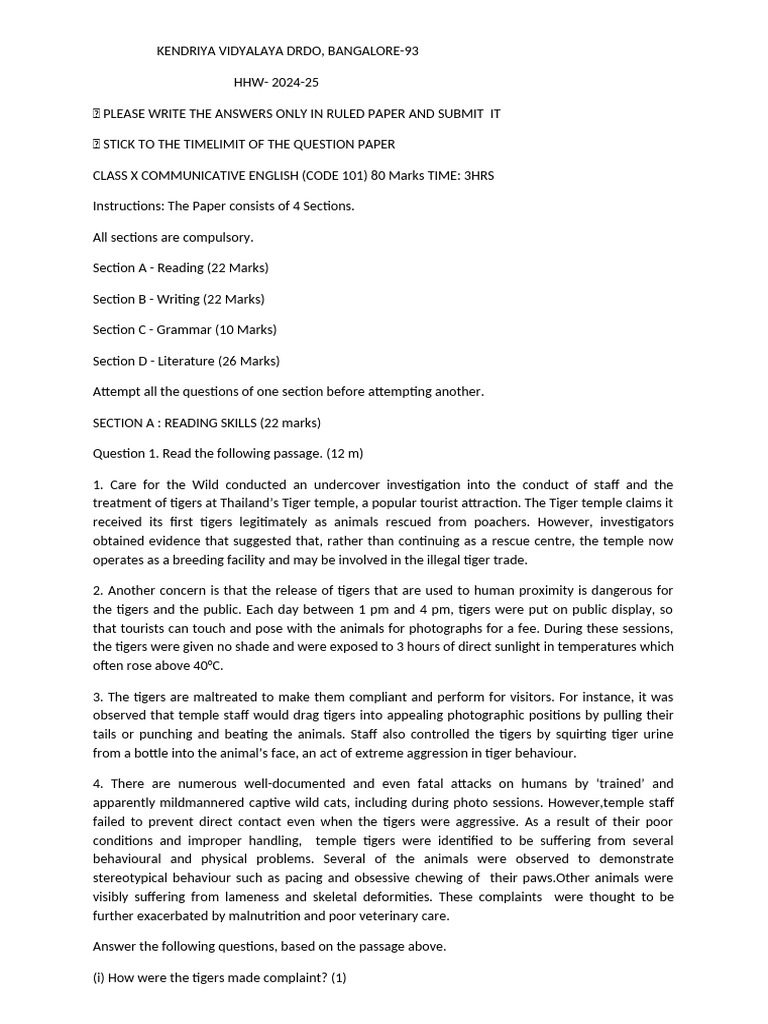 Class 10 English Sample Paper 2024-25 | PDF | Tiger | Infant Mortality