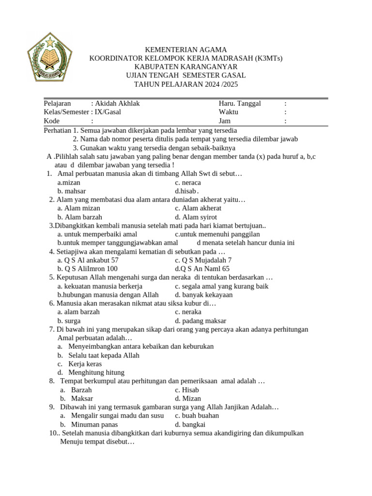 PTS Akidah Kls IX GSL 2024 | PDF