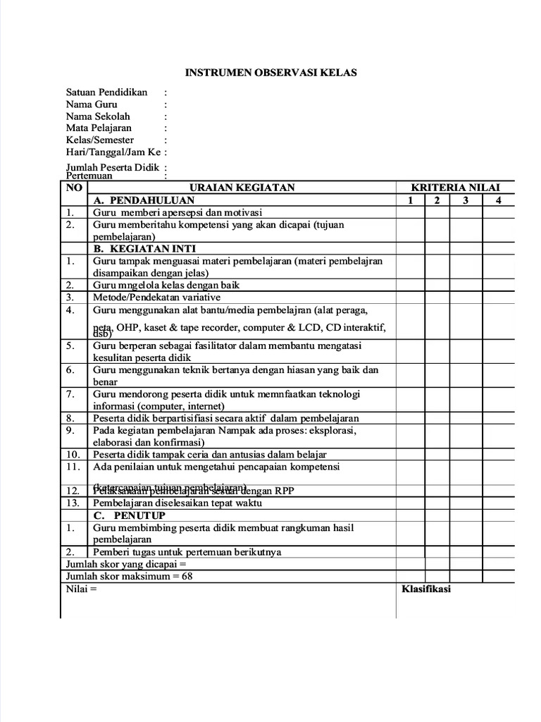 PDF Instrumen Observasi Kelas Oleh Kepsek Compress | PDF