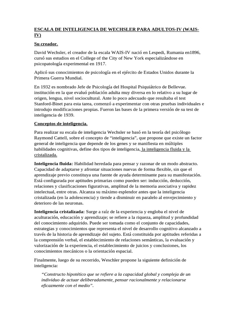 Escala de Inteligencia de Wechsler para Adultos | PDF | Inteligencia | Escala de inteligencia ...