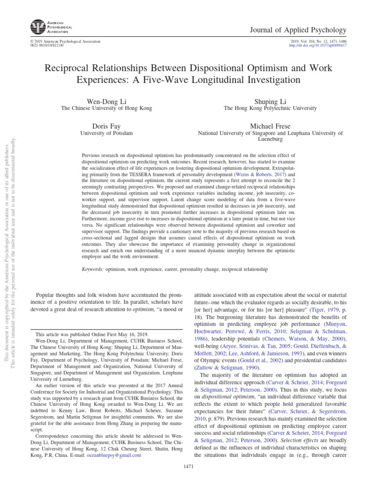 Reciprocal Relationships Between Dispositional Optimism and Work Experiences | PDF | Optimism ...
