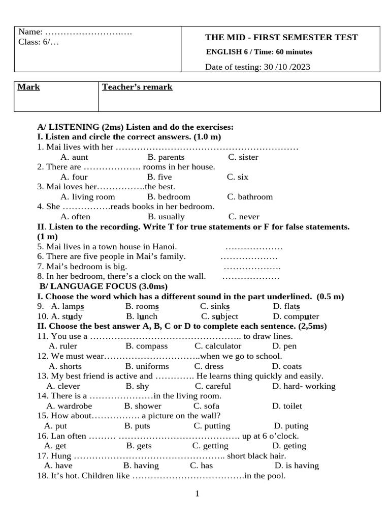 BÀI KTRA GI A K I ANH 6 22-23 CH B | PDF | Language Arts & Discipline