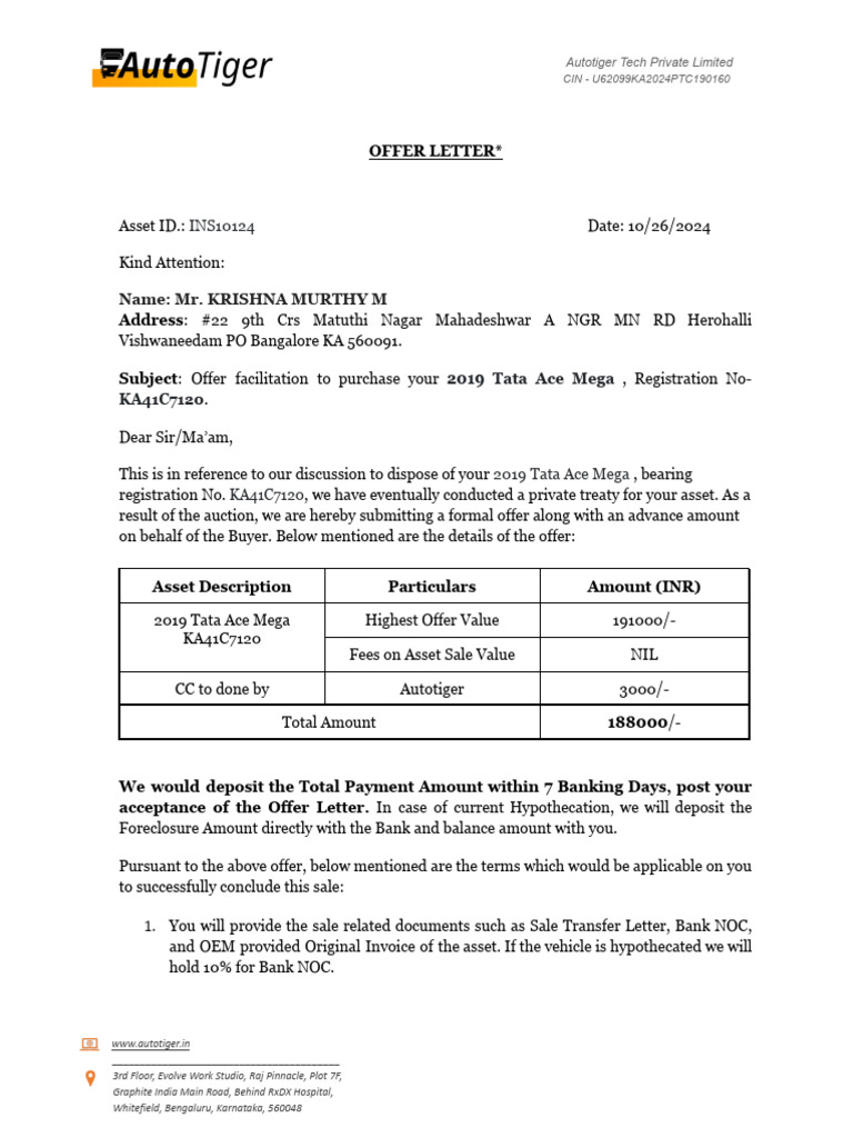 Offer Letter - Mr. Krishna Murthy M - Ins10124 | PDF | Private Law