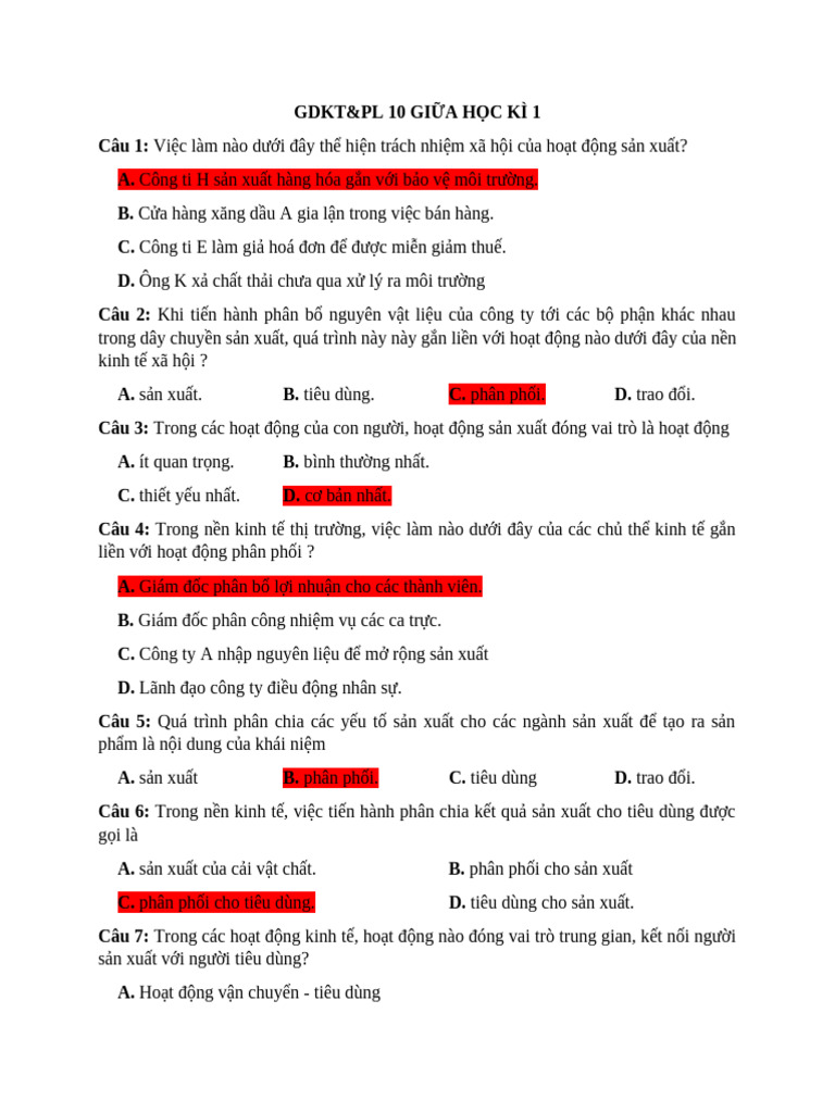 ĐỀ CƯƠNG ÔN TẬP GDKTPL GỬI LẠI HỌC SINH | PDF