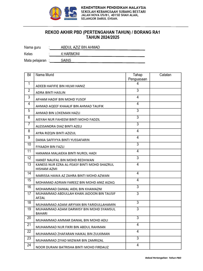 Rekod Akhir PBD Pertengahan Tahun 2024 (Ra1) 4 Harmoni | PDF