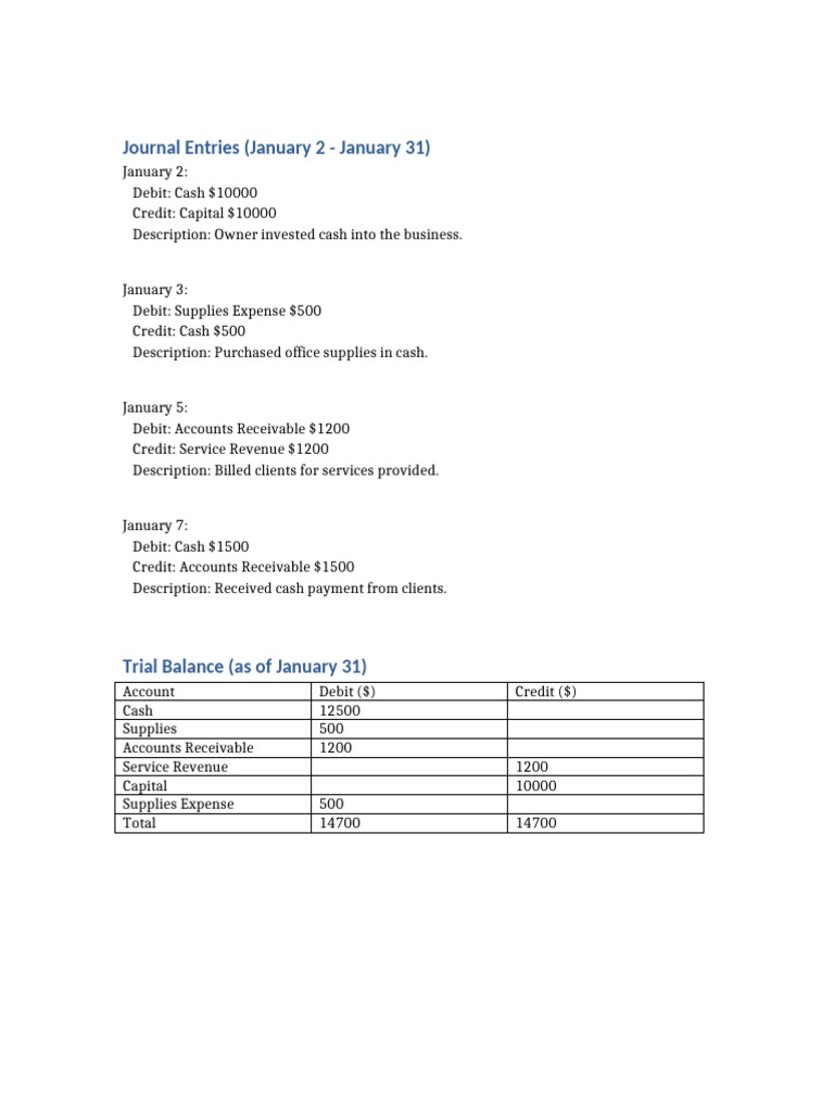 January Journal Entries and Trial Balance | PDF