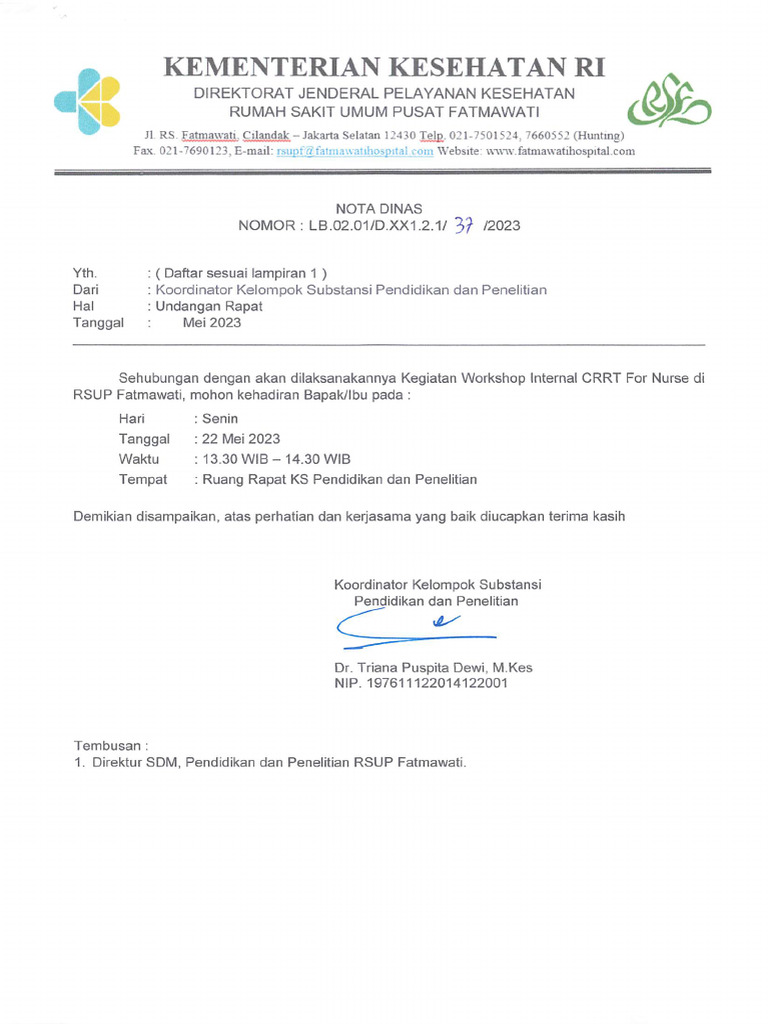 Undangan Rapat WS Internal CRRT For Nurse, 22 Mei 23 | PDF