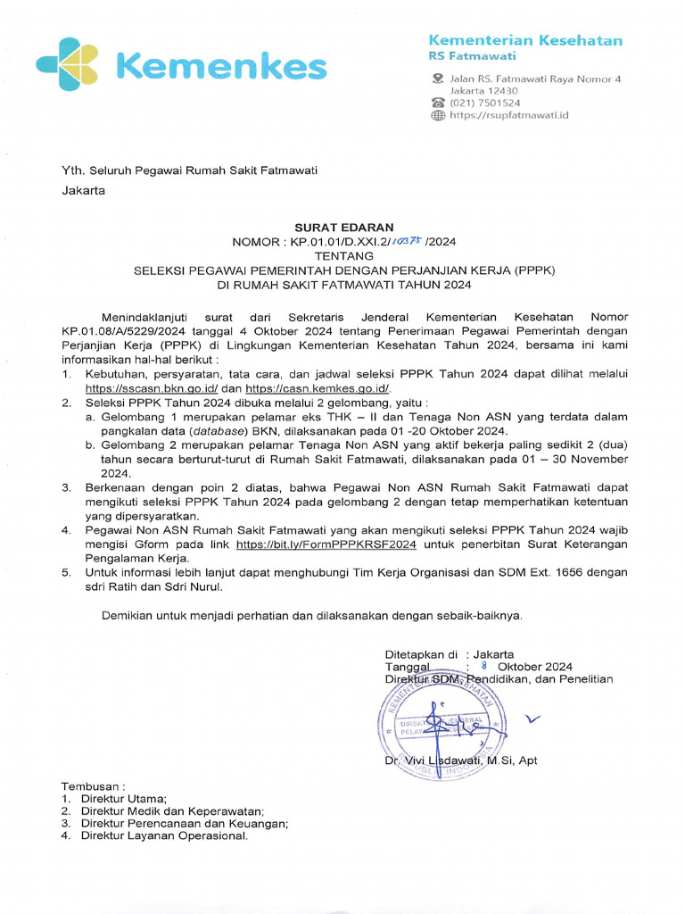 SURAT EDARAN - Seleksi PPPK Pegawai NON ASN Di RSF | PDF
