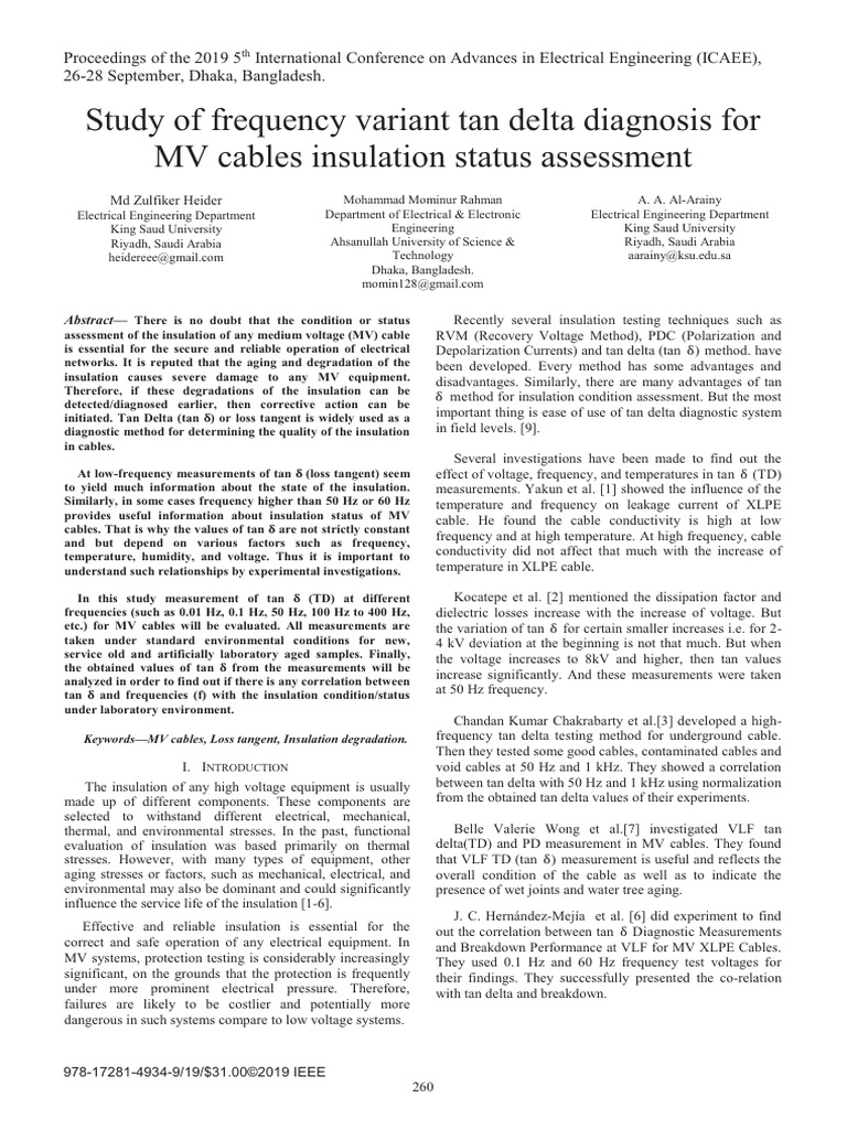 Tan Delta Diagnosis for MV Cable Insulation | PDF | Insulator ...