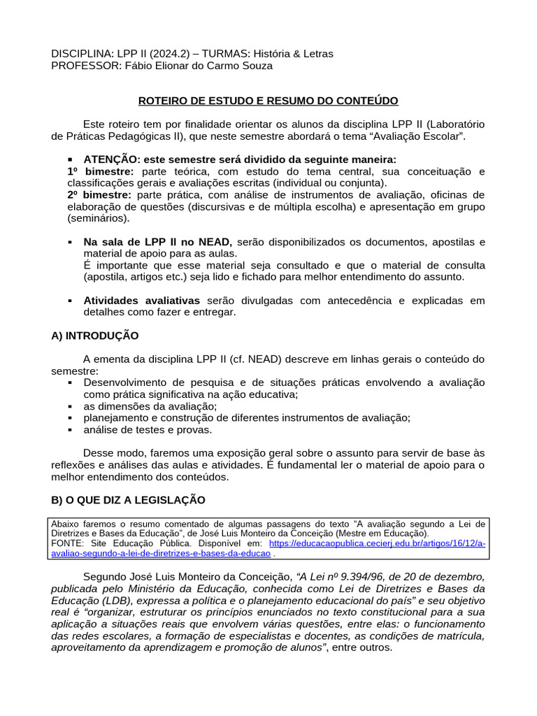 Roteiro de Estudo e Resumo | PDF | Pedagogia | Aprendizado
