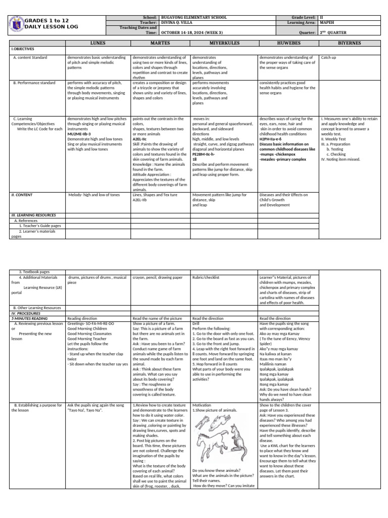 DLL - Mapeh 2 - Q2 - W3 | PDF | Learning