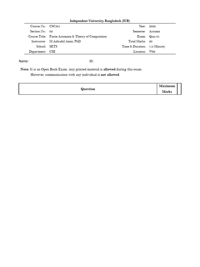 CSC301 02 2022 Aut Quiz 01 | PDF | Vertex (Graph Theory) | Applied Mathematics