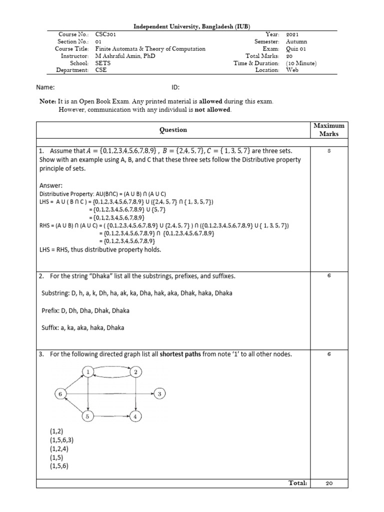 CSC301 01 2021 Aut Quiz 01 Solution | PDF | Applied Mathematics | Combinatorics