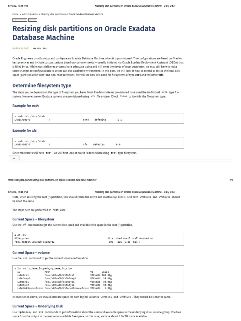 Resizing Disk Partitions On Oracle Exadata Database Machine - Daily DBA | PDF | File System ...