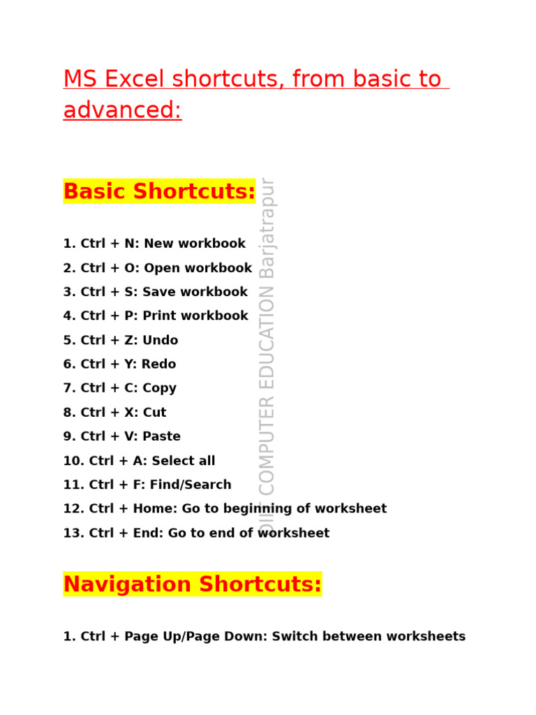 Ms Excel All Shortcut and Formula | PDF | Control Key | Microsoft Excel