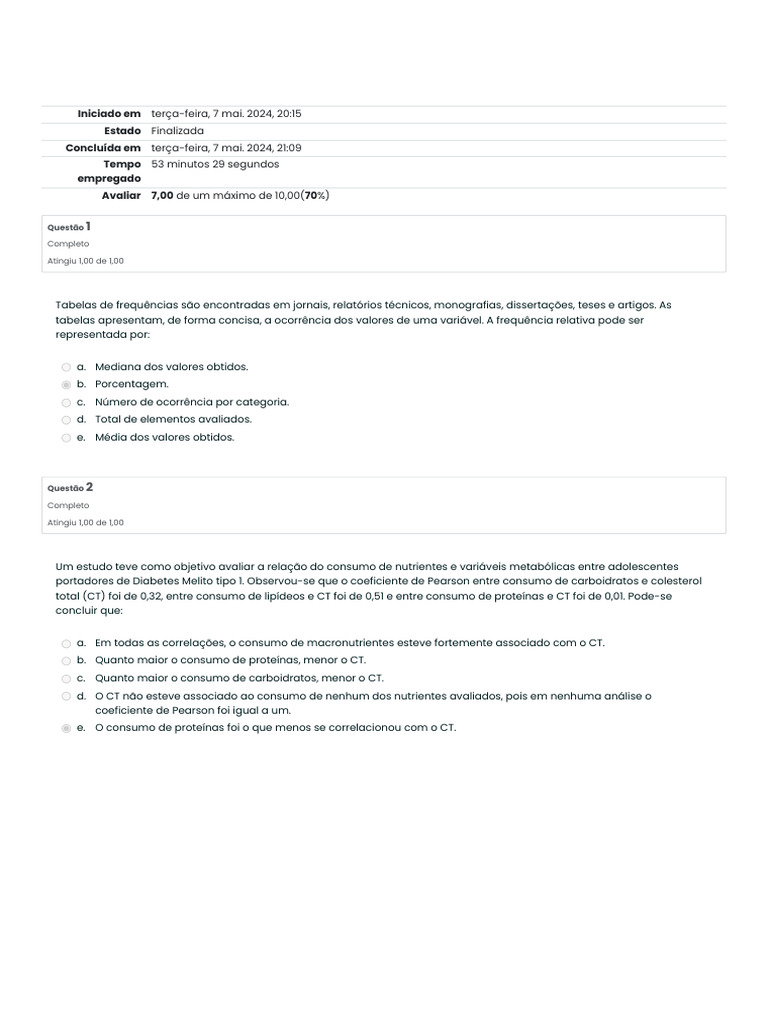 Questionário Online - Revisão Da Tentativa | PDF | Coeficiente de ...
