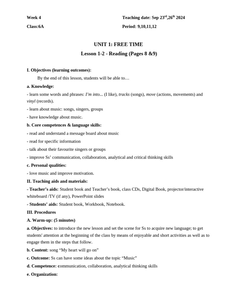 Achiever's A1 Lesson Plan Week 4 | PDF | Information | Critical Thinking