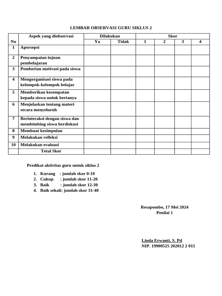Lembar Observasi Guru Siklus 2 | PDF | Karier & Perkembangan