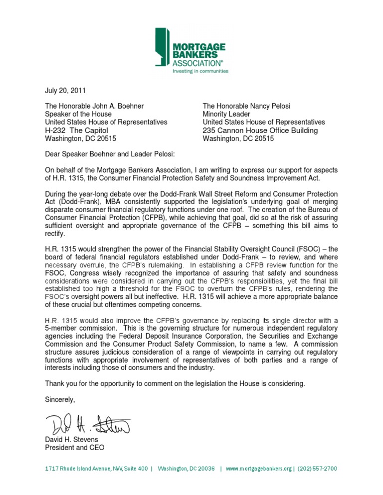 MBA Letter To House Leadership On CFPB Reform Bill | PDF | Consumer ...