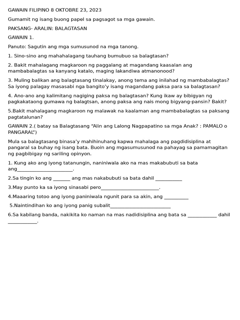 Gawain Filipino 8 Oktobre 23 | PDF