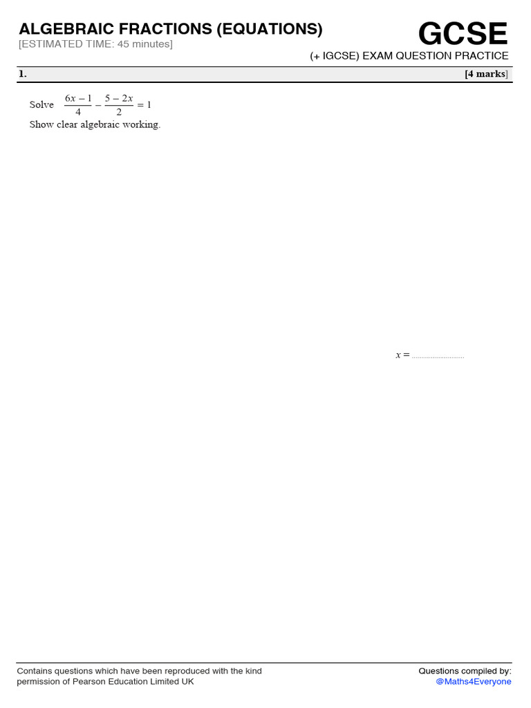 Algebraic Fraction Equation | PDF | Equations | Numbers