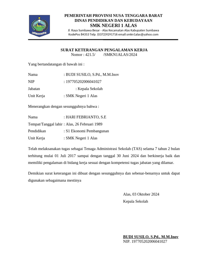 Surat Keterangan Pengalaman Kerja (1) PPPK 2024 | PDF