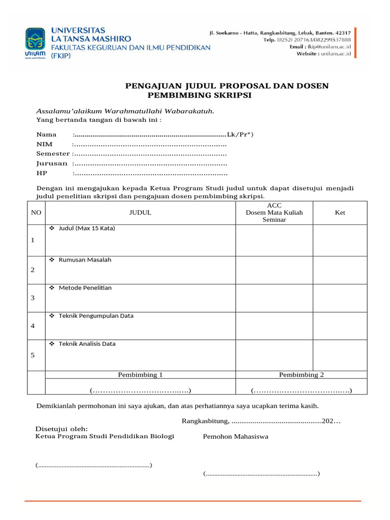 Formulir Pengajuan Judul Proposal Skripsi & Dospem-2 | PDF | Komputer | Teknologi & Rekayasa
