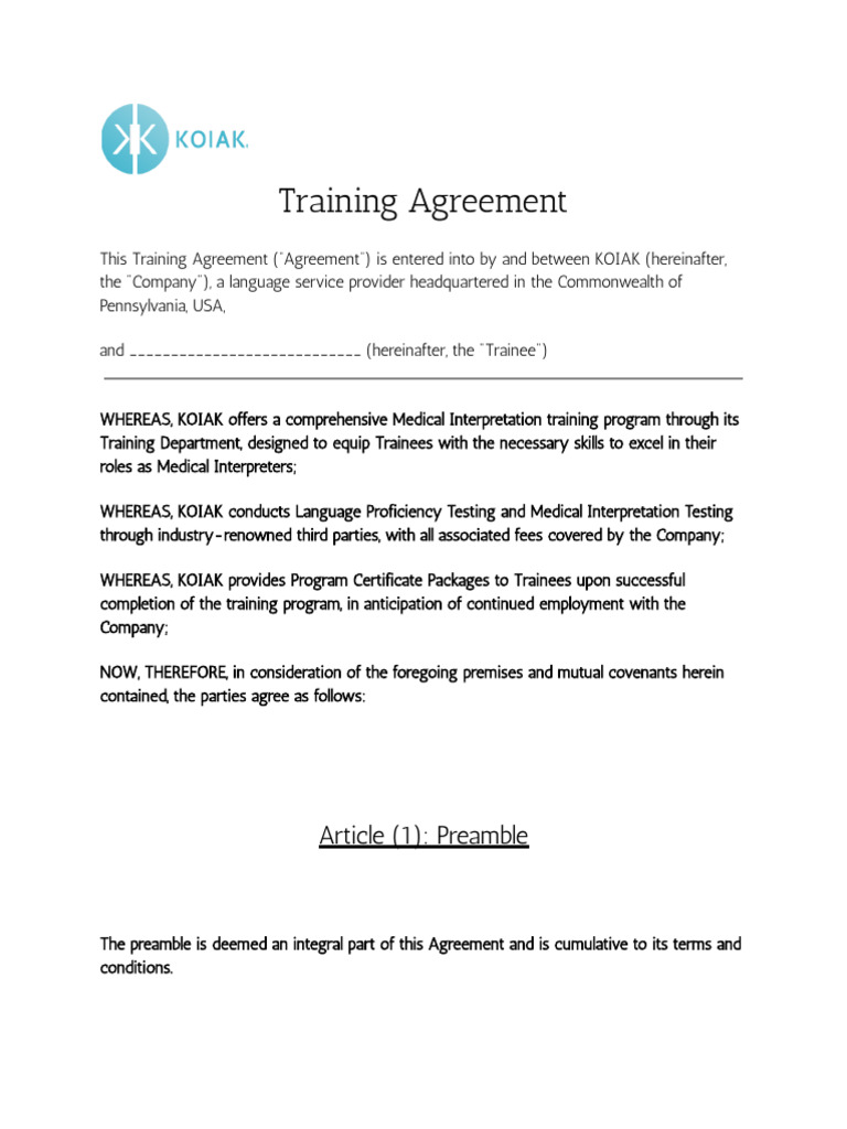 KOIAK Medical Interpreter Training Agreement | PDF | Private Law | Business Law