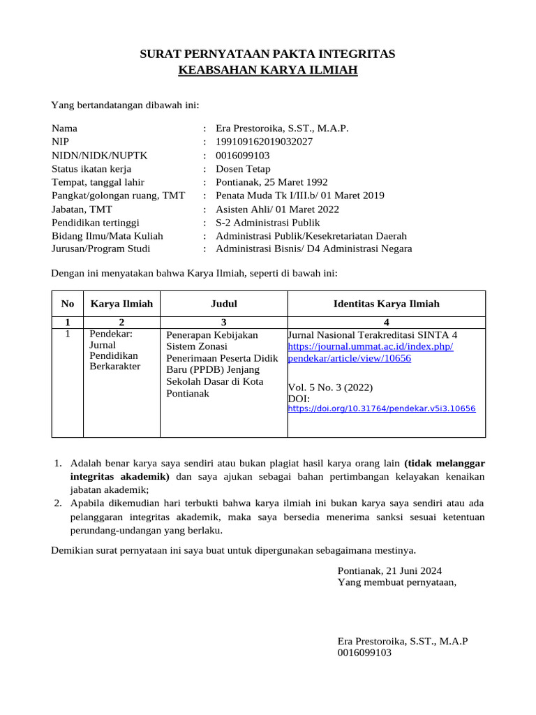 Surat Pernyataan Pakta Integritas Keabsahan Karya Ilmiah Dosen | PDF