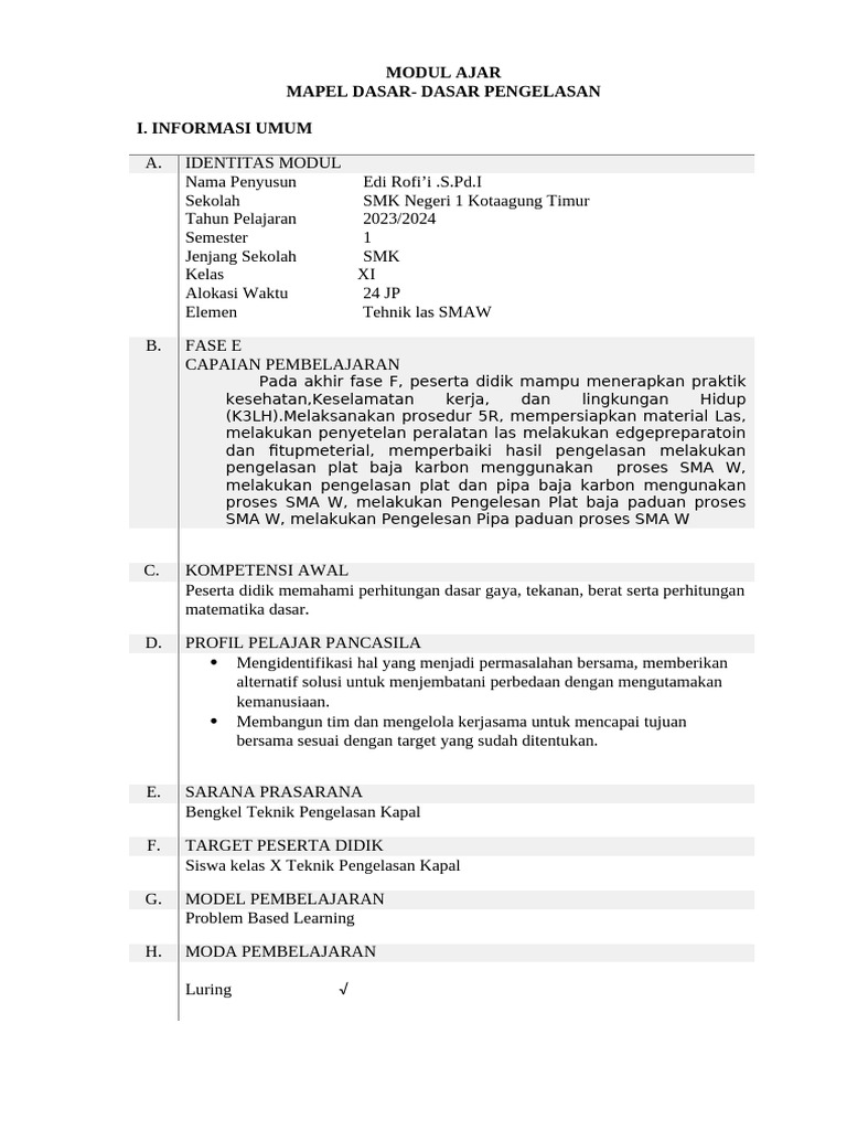 Modul Ajar Pengelasan Kls - XI | PDF | Seni