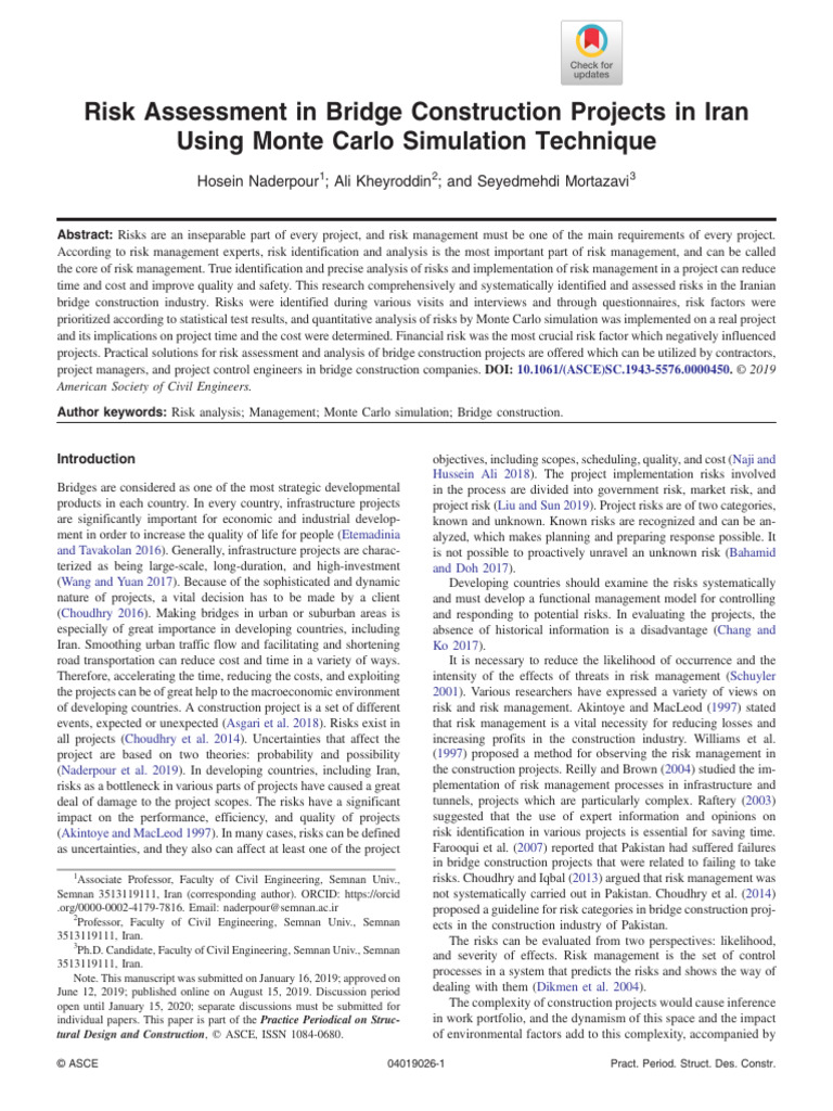 Naderpour Et Al 2019 Risk Assessment in Bridge Construction Projects in Iran Using Monte Carlo ...