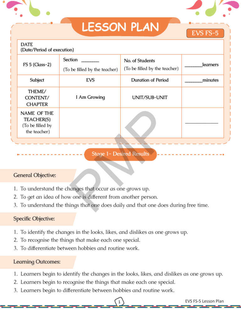 EVS Lesson Plan FS5 | PDF | Lesson Plan | Learning