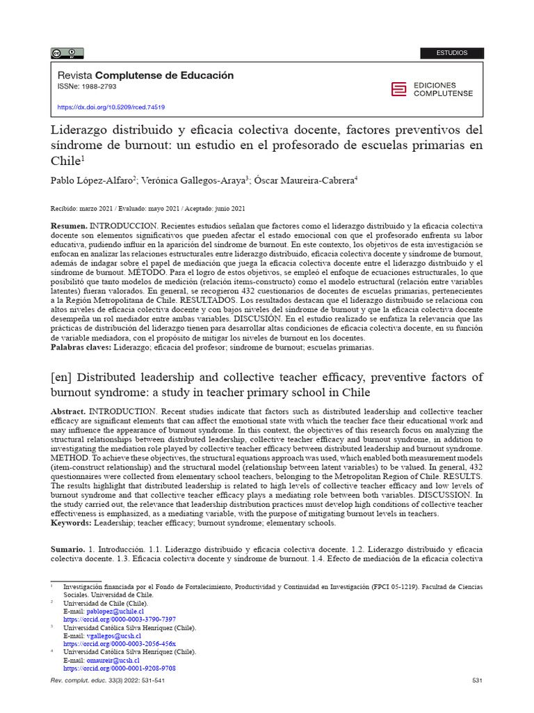 Liderazgo Distribuido y Eficacia Colectiva Docente, Factores Preventivos Del Síndrome de Burnout ...