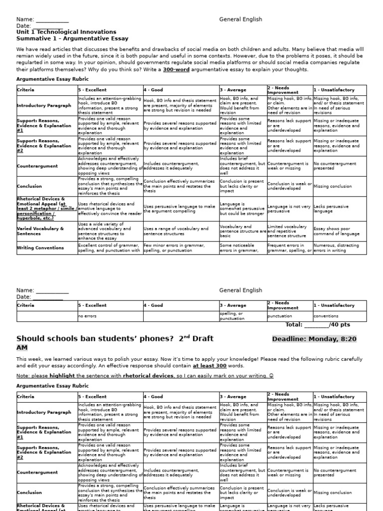 Summative 1 - Argumentative Essay & Rubric | PDF | Essays | Reason
