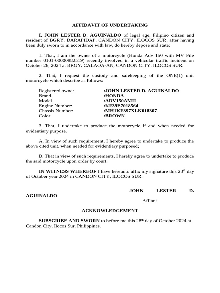 Motorcycle Custody Affidavit Template | PDF | Law