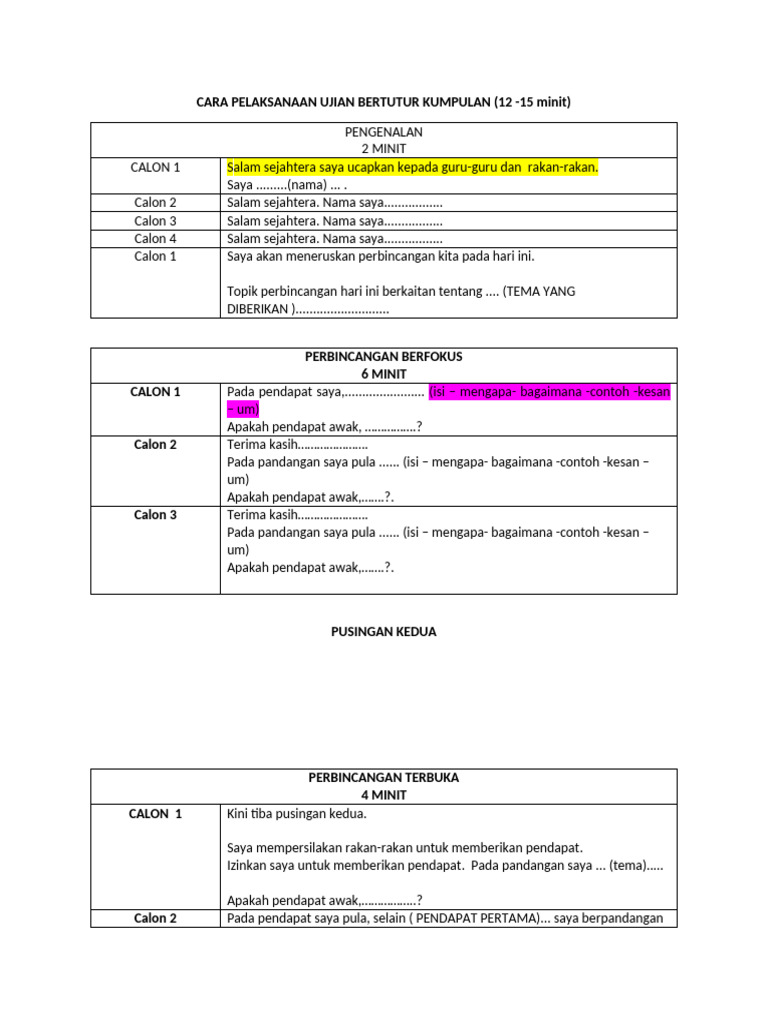 Cara Pelaksanaan Ujian Bertutur Kumpulan Daisy | PDF